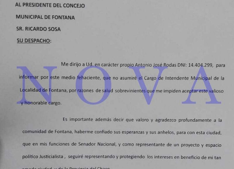 Por razones de salud, Antonio Rodas renunció a la intendencia de Fontana