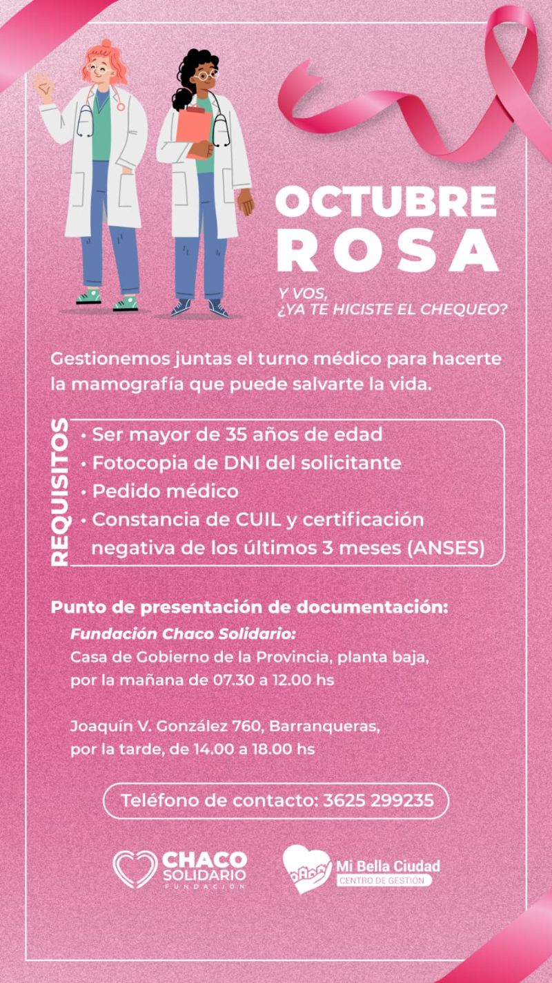Octubre rosa: presenta la documentación para el control de mamas en Barranqueras